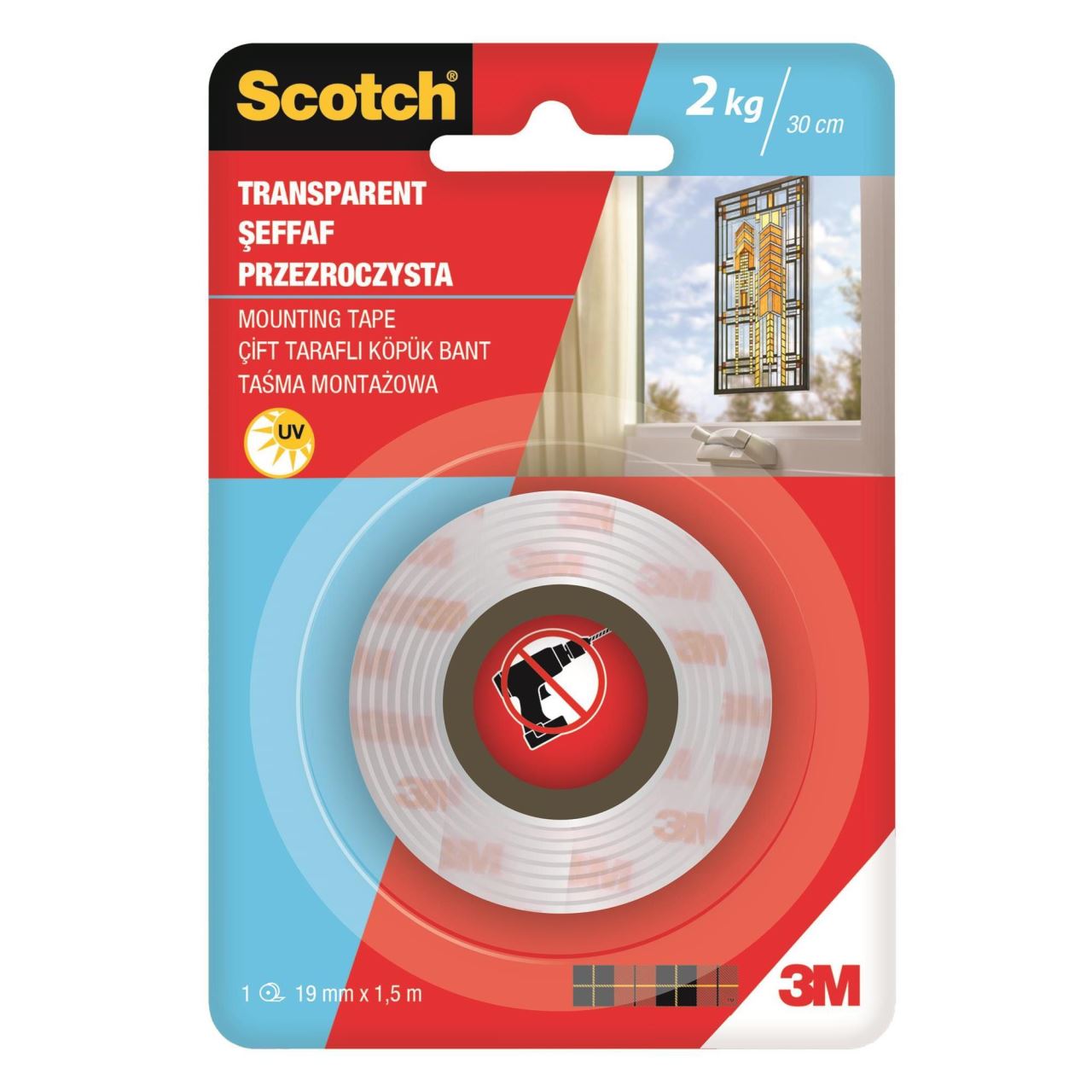 Banda dublu adeziva de montare Scotch® 3M Transparent, 19 mm x 1.5 m, sustine pana la 2 Kg/30 cm ...