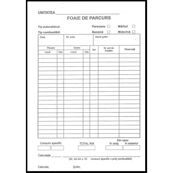Foaie de parcurs pentru marfa sau persoane, A5, 100 file, hartie offset ...