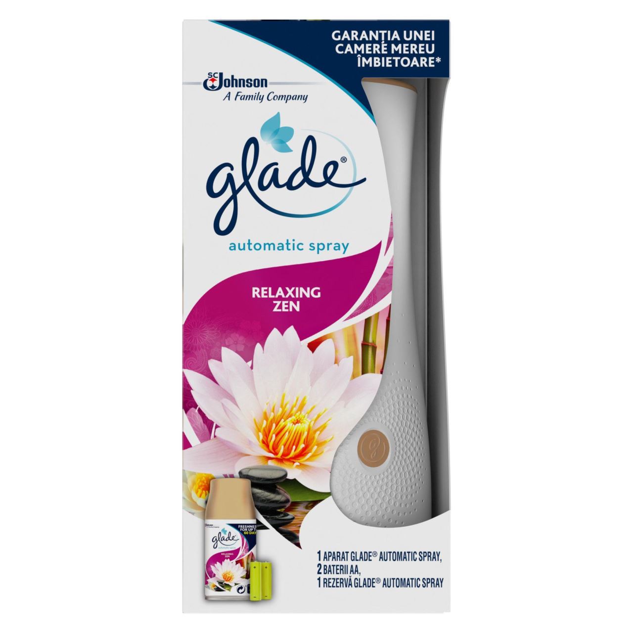 Odorizant camera Glade Automatic aparat cu baterii si rezerva spray 269 ml, Relaxing Zen - OVM Paper
